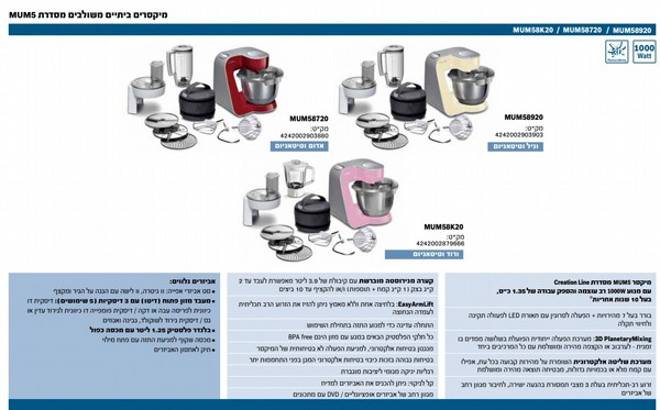 מיקסר משולב בוש אדום טיטניום Bosch MUM58720 NUM5 1000W